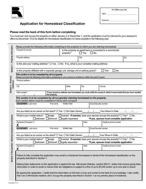 Application For Homestead Classification - Ramsey County ...