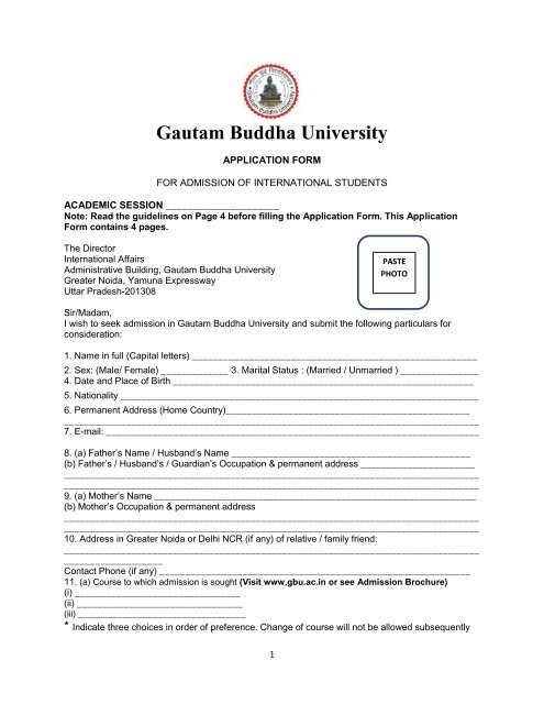 Application Form for Admission of International Students - Gbu.ac.in