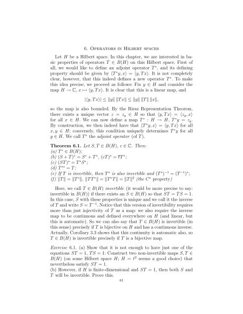 6. Operators in Hilbert spaces Let H be a Hilbert space. In this ...