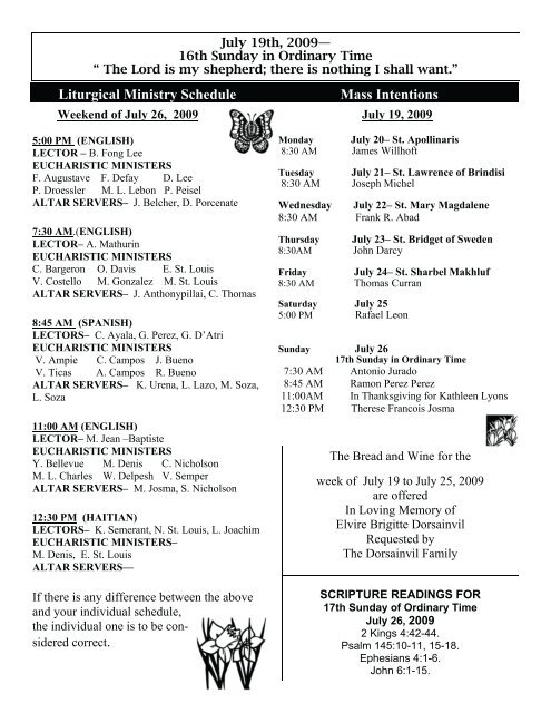 Mass Intentions Liturgical Ministry Schedule - St. Martha's