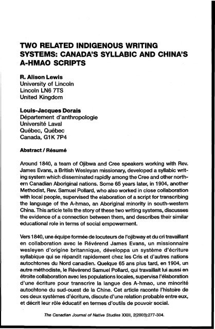 two related indigenous writing systems - Brandon University