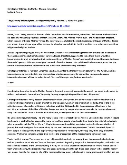 Christopher Hitchens On Mother Theresa - Philosophy and Religion