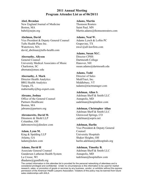 2011 Annual Meeting Program Attendee List as of - The American ...