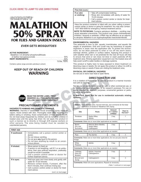 Malathion 50% Spray Specimen Label - PBI/Gordon