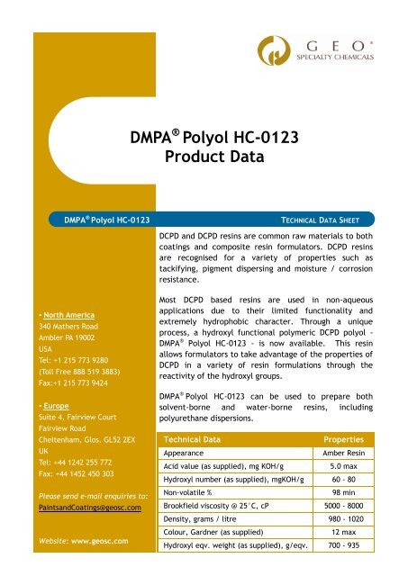DMPA® Polyol HC-0123 Technical Data Sheet - GEO Specialty ...