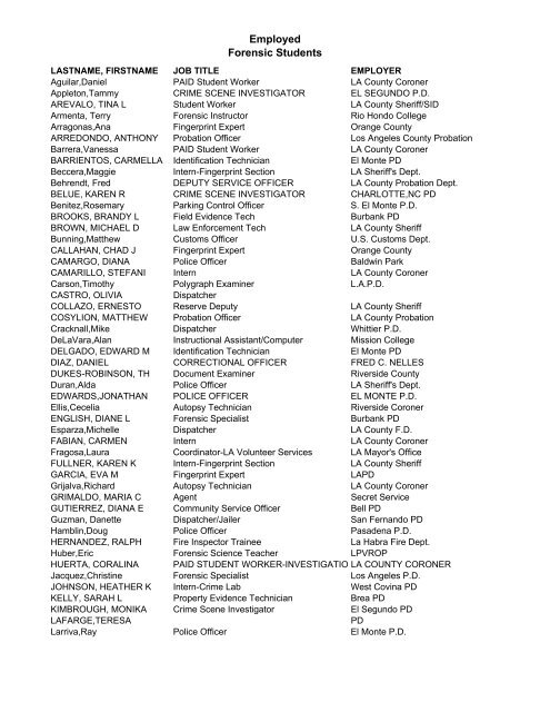 (See list of forensic students hired). - Dr. Janis Cavanaugh