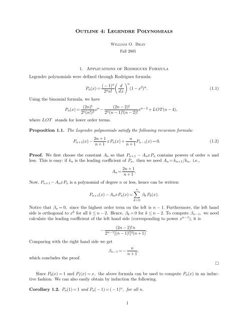 Outline 4: Legendre Polynomials