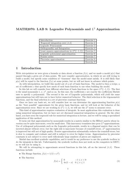 MATH2070: LAB 9: Legendre Polynomials and L2 Approximation 1 ...