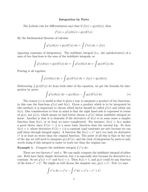Integration by Parts The Leibniz rule for differentiation says that if ...