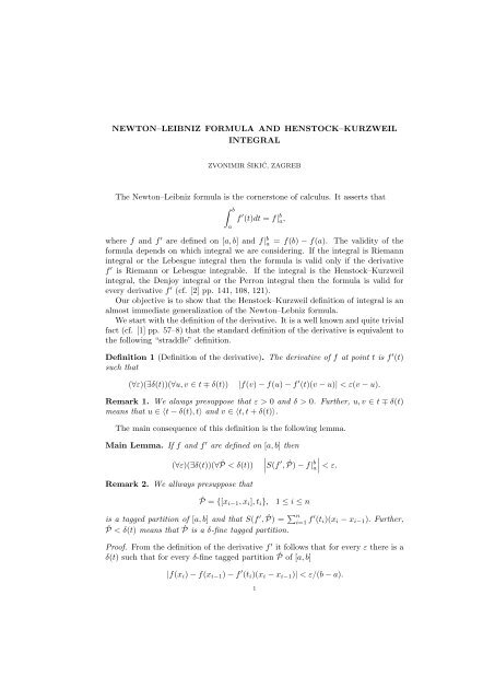 Newton-Leibniz Formula and the Henstock-Kurzweil Integral - Fsb