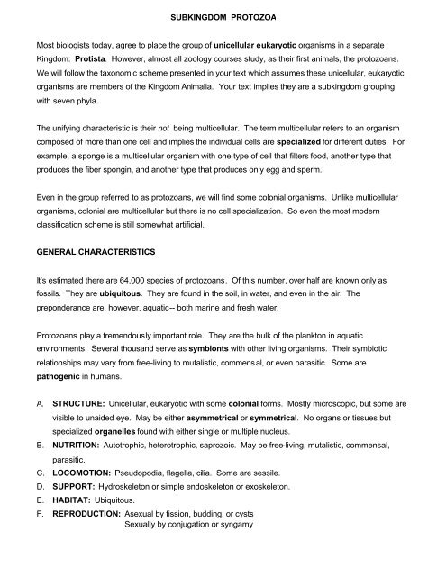 SUBKINGDOM PROTOZOA Most biologists today, agree to place ...