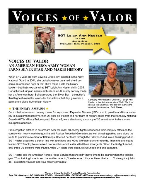SGT Leigh Ann Hester - Women In Military Service For America ...