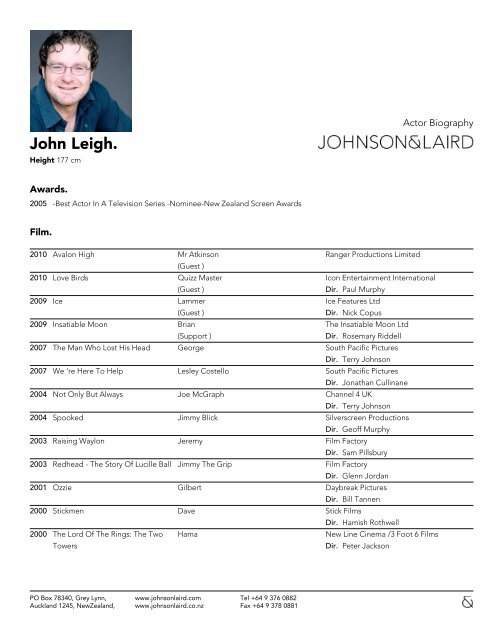 Actor Biography John Leigh. - Johnson & Laird