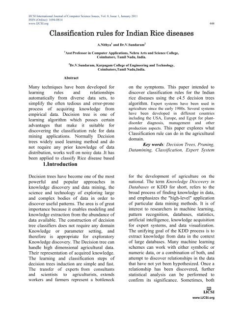 Classification rules for Indian Rice diseases - IJCSI