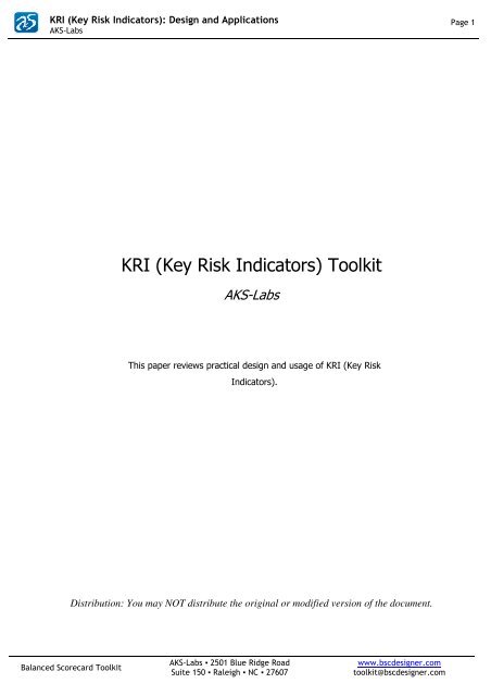 KRI (Key Risk Indic KRI (Key Risk Indicators) Toolkit cators) Toolkit