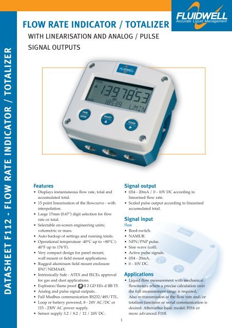 D A TA SHEET F112 - FLOW RA TE INDIC A TOR / TO ... - Fluidwell