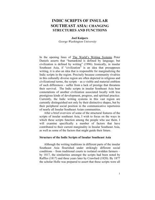 Indic Scripts of Insular Southeast Asia: Changing Structures - gwu.edu