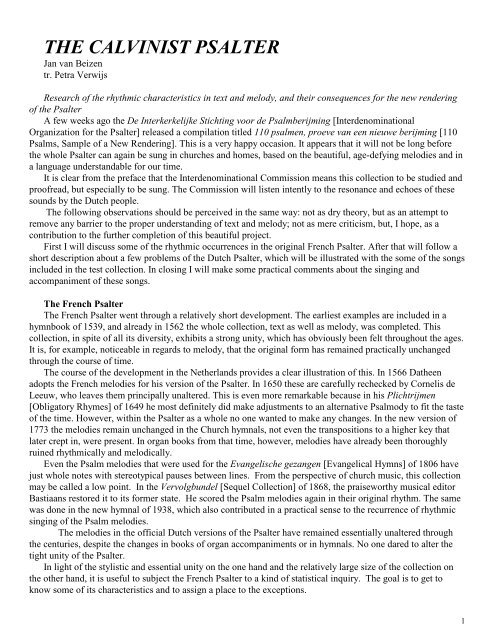 THE CALVINIST PSALTER - Genevan Psalter