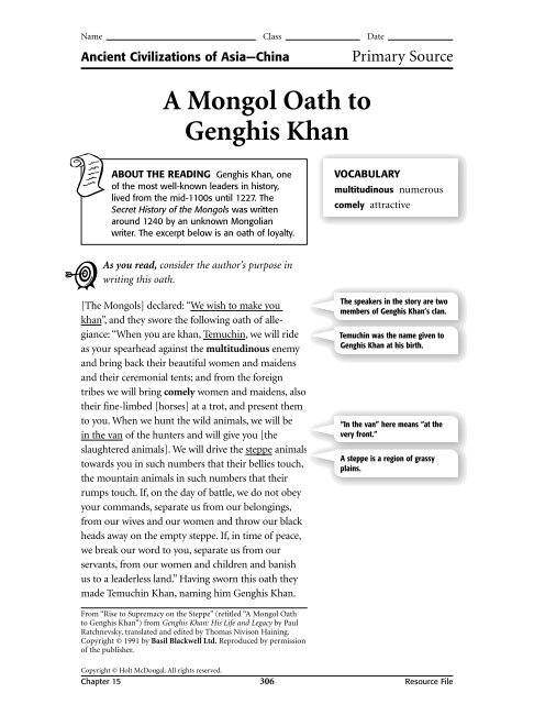 Genghis Khan And The Mongols Worksheet