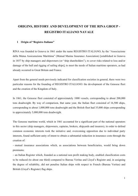 ORIGINS, HISTORY AND DEVELOPMENT OF THE RINA GROUP ...