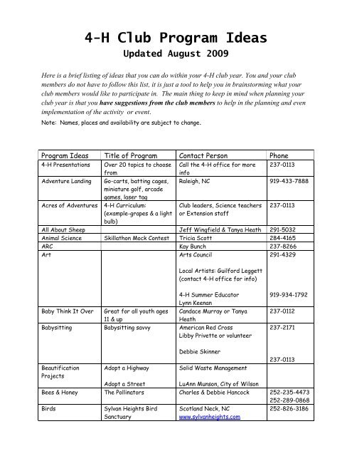 4-H Club Program Ideas - Wilson County Center