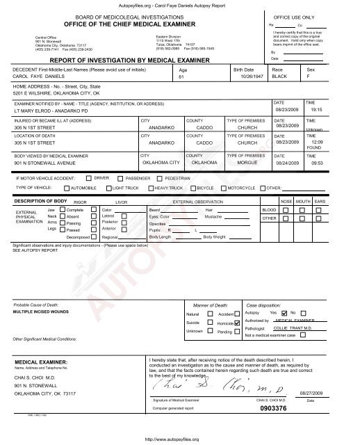 Autopsyfiles.org - Carol Faye Daniels Autopsy Report