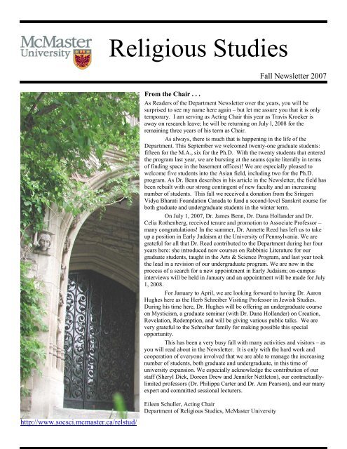 Fall 2007 - Department of Religious Studies - McMaster University