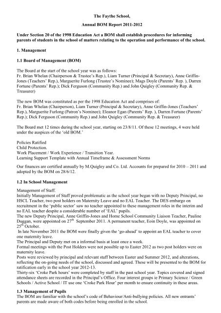 The Faythe School, Principal's Report to BOM 2011-2012