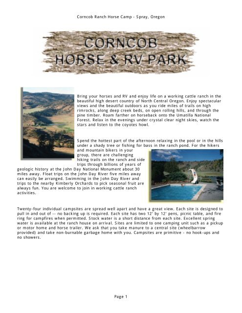 Print This Page! - Corncob Ranch Horse Camp - Spray, Oregon