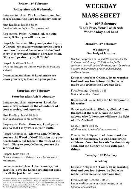 WEEKDAY MASS SHEET - Coventry Catholic Deanery