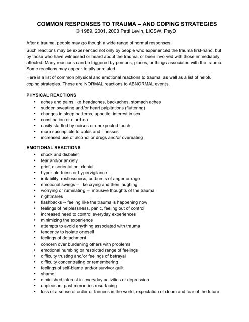 common responses to trauma – and coping strategies - Dr. Patti Levin
