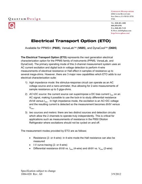 Electrical Transport (ETO) - Quantum Design, Inc.