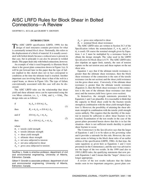 AISC LRFD Rules for Block Shear in Bolted Connections-A Review