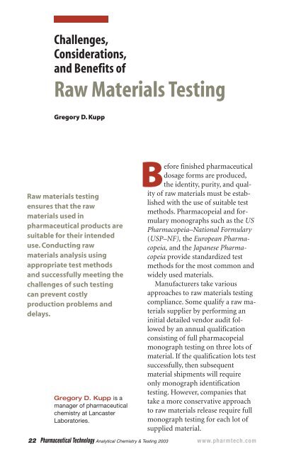 Raw Materials Testing - Pharmaceutical Technology