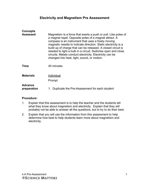 4.A Electricity and Magnetism Pre Assessment - Science Matters