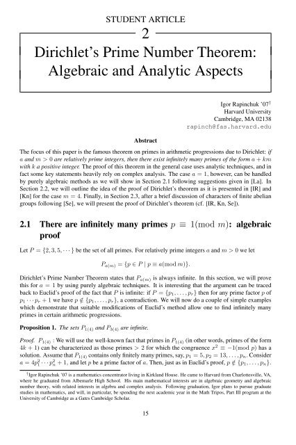 2 Dirichlet's Prime Number Theorem: Algebraic and Analytic Aspects