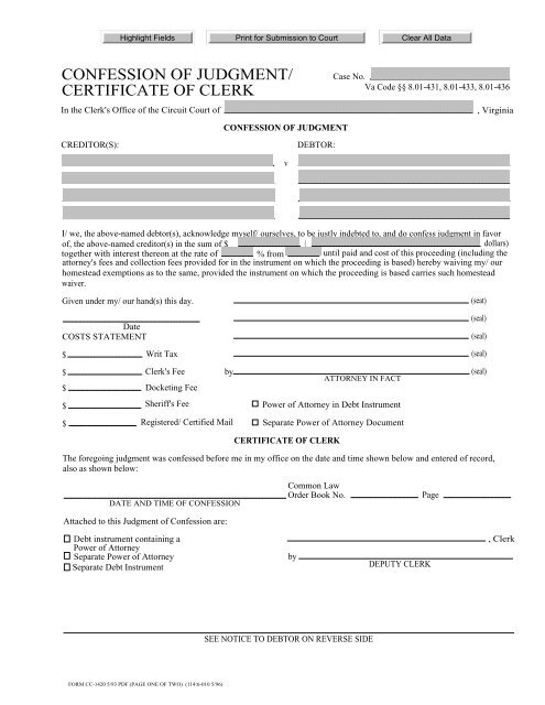 CONFESSION OF JUDGMENT/ CERTIFICATE OF CLERK - Forms