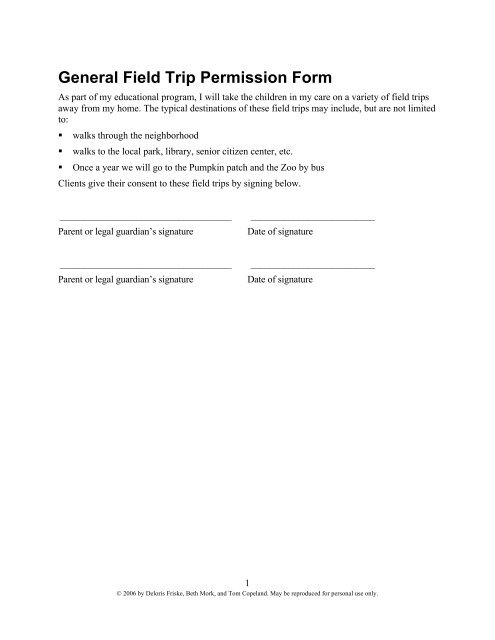 General Field Trip Permission Form - Elaines Day Care