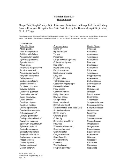 Vascular Plant List - Washington Native Plant Society