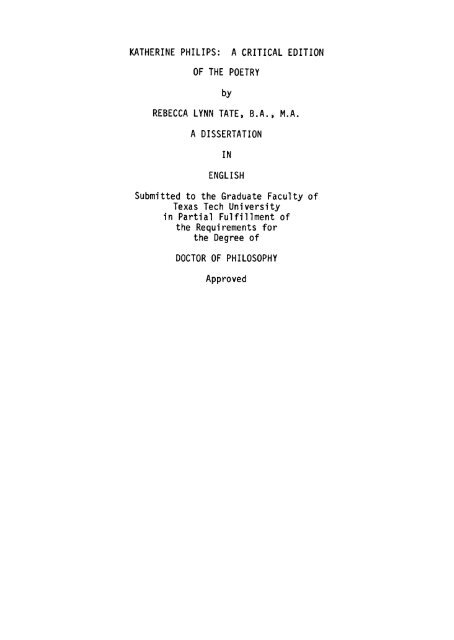 KATHERINE PHILIPS: A CRITICAL EDITION OF THE POETRY by ...