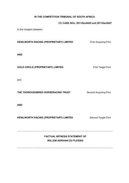 Factual Witness Statement - Du Plessis - Competition Tribunal