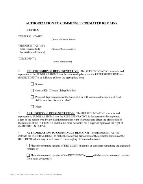 authorization to commingle cremated remains - Virginia Funeral ...