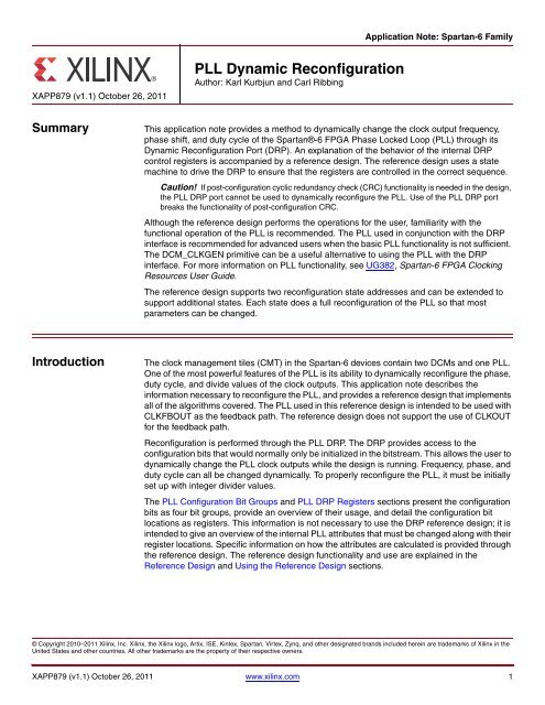 Xilinx XAPP879 PLL Dynamic Reconfiguration, Application Note