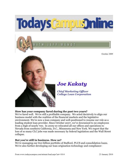 Q&A With Jeff Wendt: Joe Kakaty, College Loan Corporation