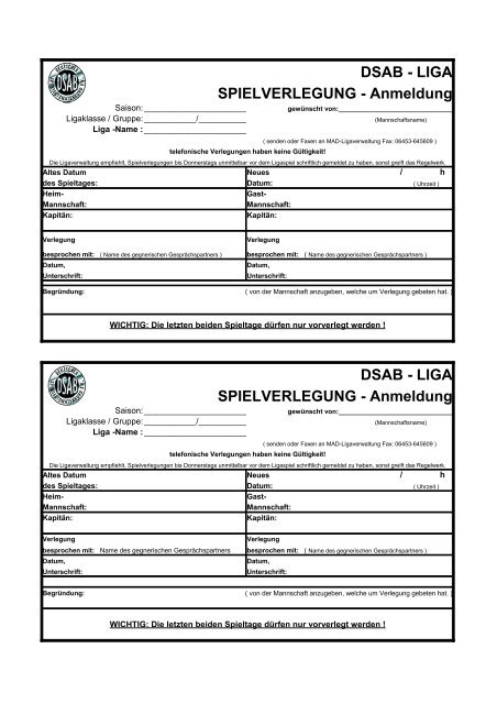 DSAB - LIGA SPIELVERLEGUNG - Anmeldung DSAB - LIGA ...
