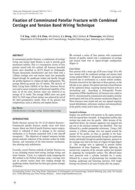 Fixation of Comminuted Patellar Fracture with Combined Cerclage ...