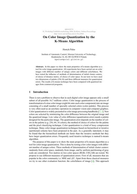 On Color Image Quantization By The K Means Algorithm