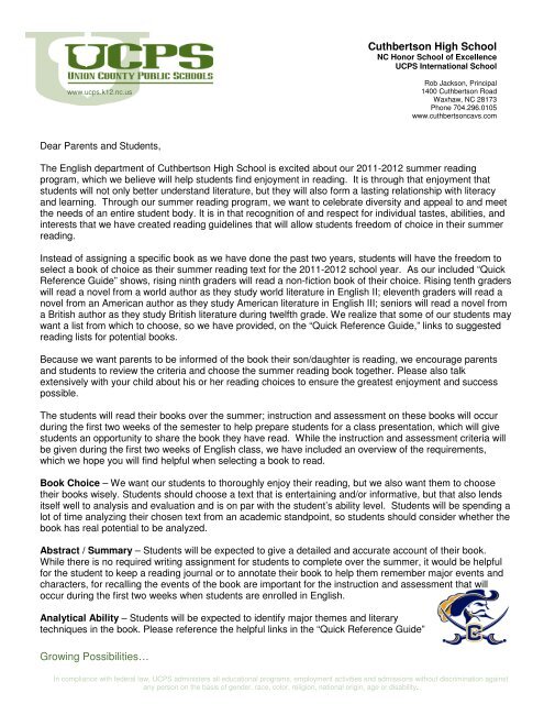 Summer Reading Letter - Cuthbertson High School