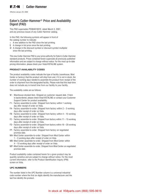 Eaton's Cutler-Hammer Price and Availability Digest (PAD)