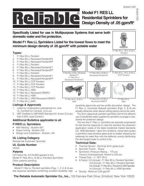 033 Model F1 Res Ll (PDF) - Reliable Automatic Sprinkler Co.